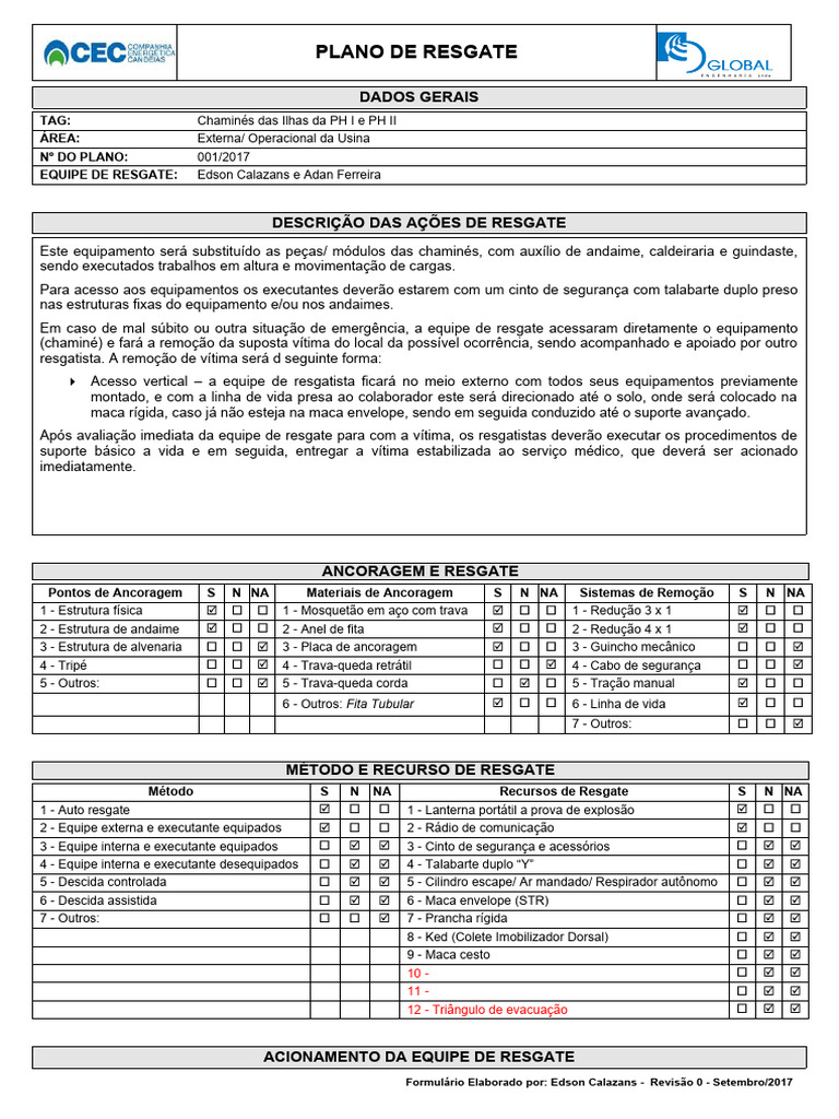 Plano de Resgate Nâº 001 - Equip. ChaminÃ© - CEC | PDF