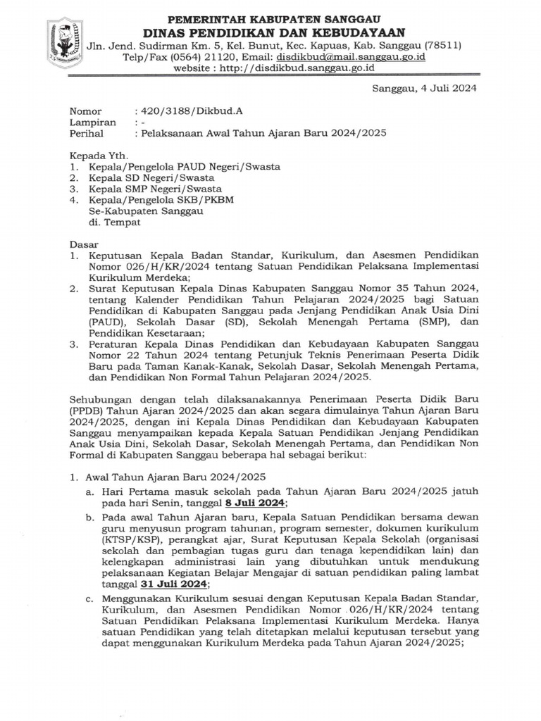 Surat Kadisdikbud TTG Pelaksanaan Awal Tahun Ajaran Baru 2024 - 2025 | PDF Surat Kadisdikbud TTG Pelaksanaan Awal Tahun Ajaran Baru 2024 - 2025 | PDF