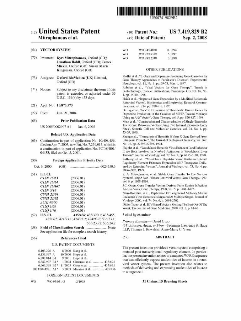 2004 US7419829 Mutated WPRE Post-Transcriptional Regulatory Element ...