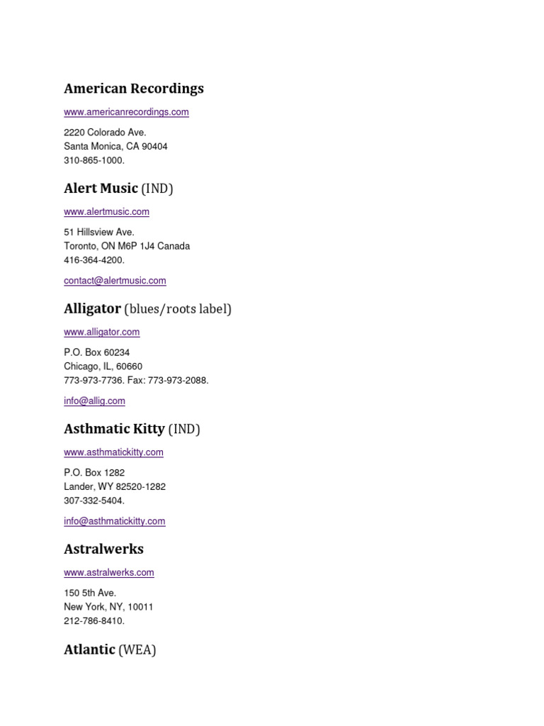 Record Label Contact Information List | PDF | Music Industry | Sound ...