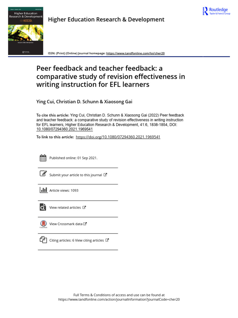 Peer feedback and teacher feedback a | PDF | English As A Second Or ...