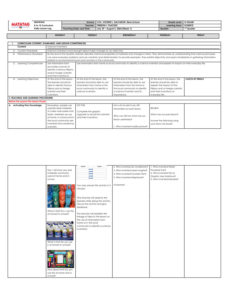 Matatag DLL Week 1 Science g4 | PDF | Learning | Science