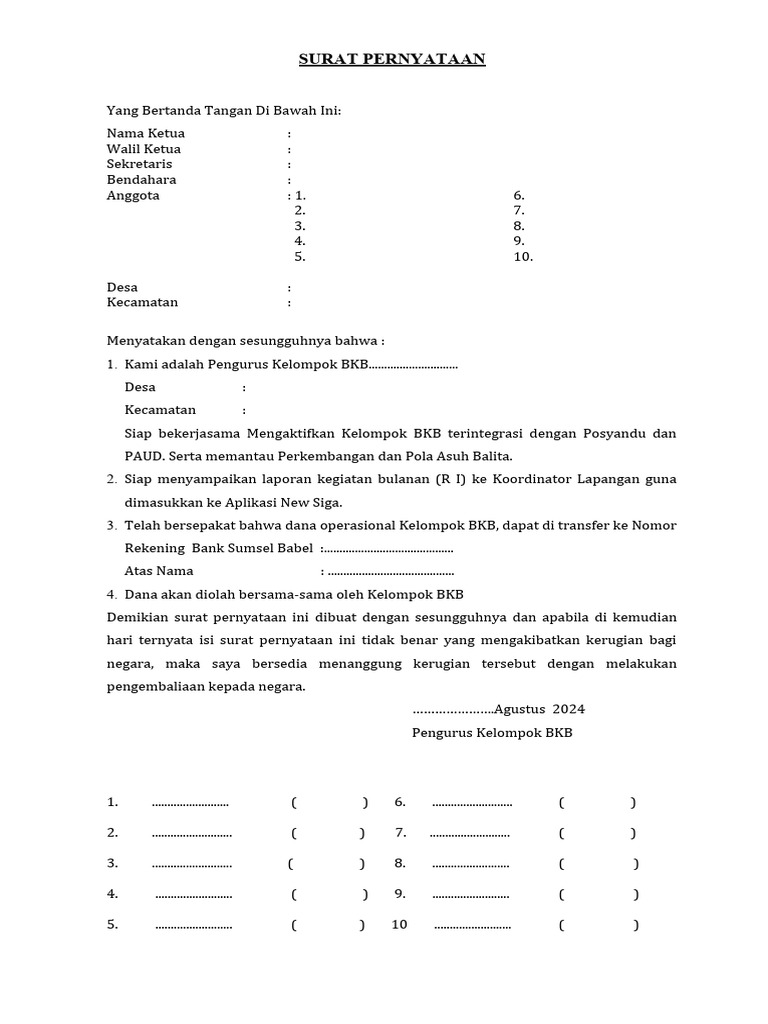 Surat Pernyataan Rekening Kel BKB | PDF