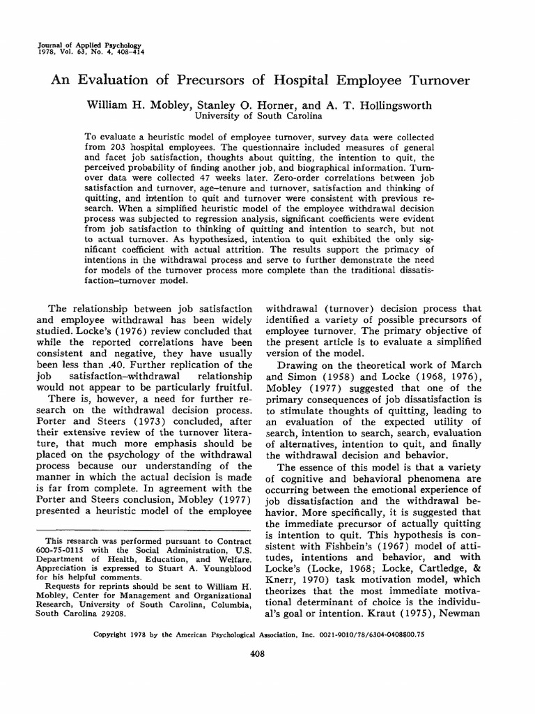Mobley 1978 | PDF | Job Satisfaction | Turnover (Employment)