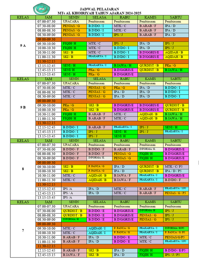Jadwal Pelajaran Ta 2024-2025 | PDF