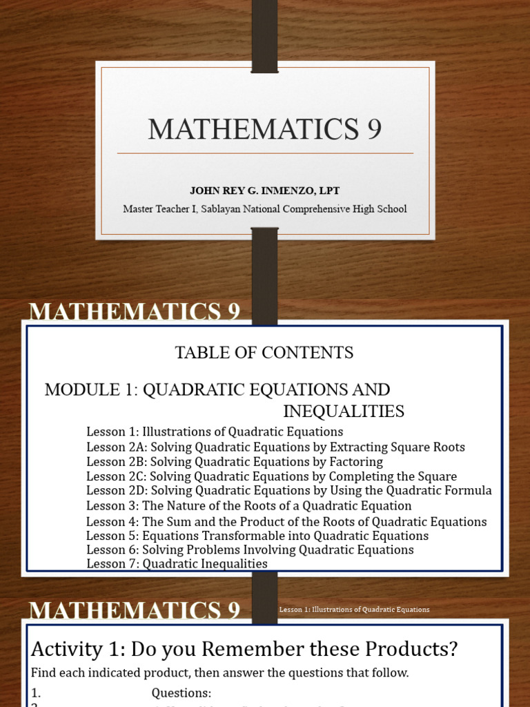 g9 Math - m1 - 1 - Illustrations of Quadratic Equations | PDF | Equations | Quadratic Equation