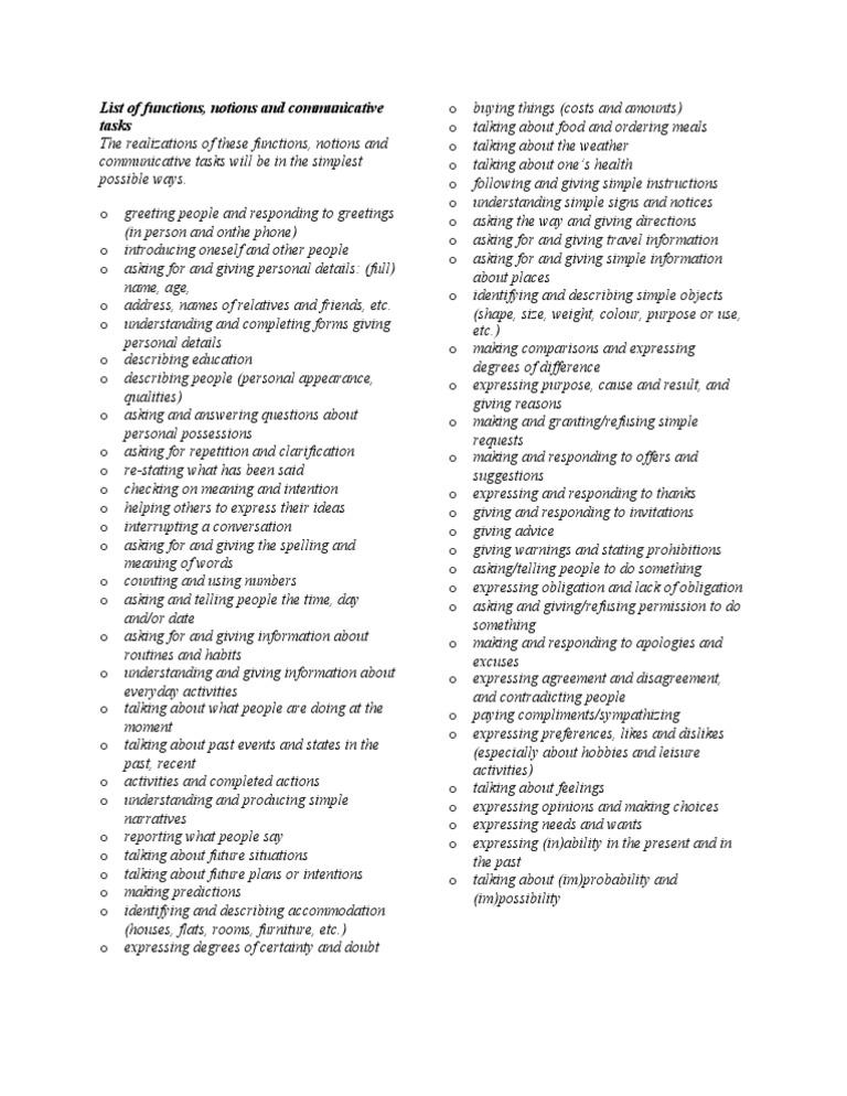 List of Functions, Notions & Communicative Tasks For KET | PDF ...