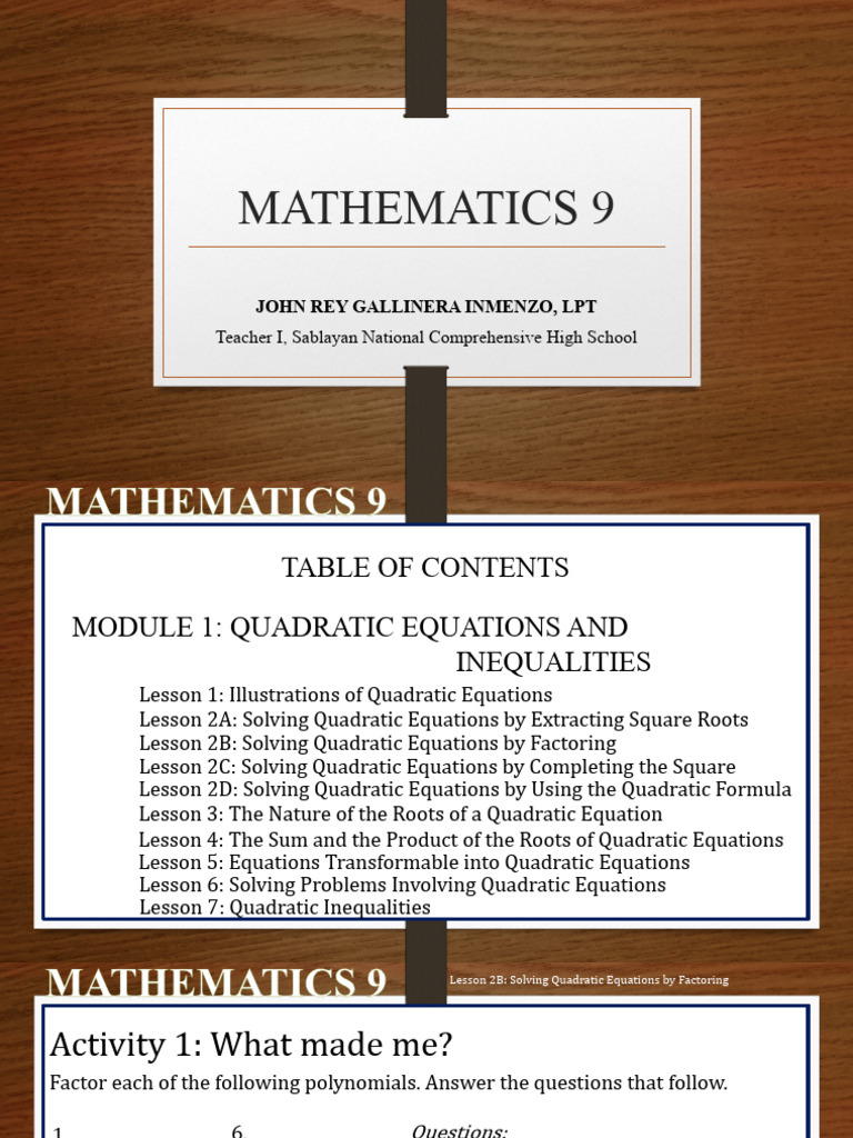 g9 Math - m1 - 2b - Solving Quadratic Equations by Factoring | PDF | Equations | Quadratic Equation