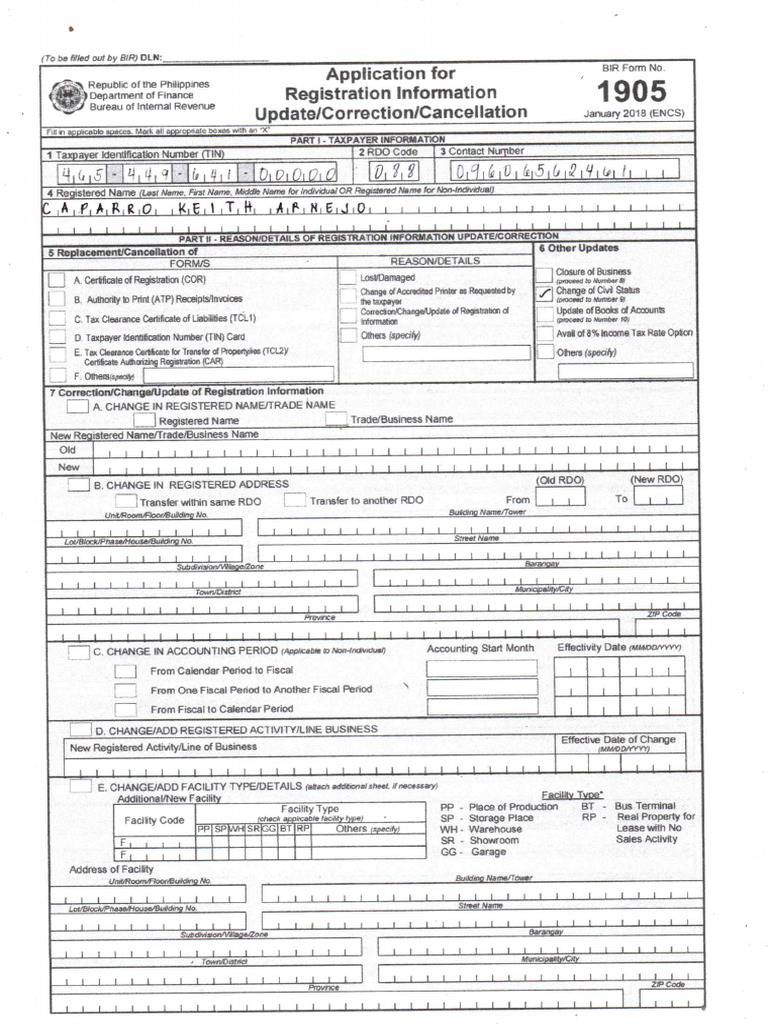 BIR Form 1905 Page 1 | PDF