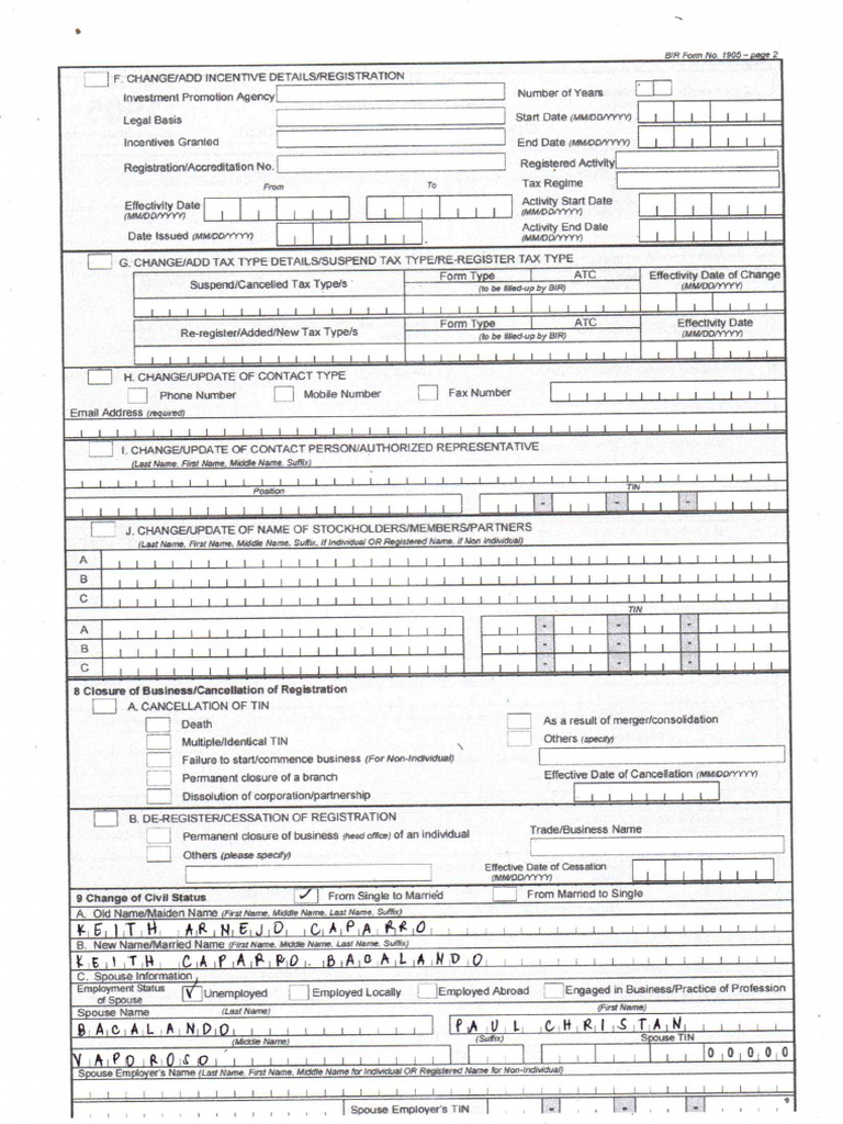 BIR Form 1905 Page 2 | PDF