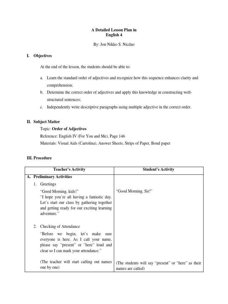 Lesson Plan: Order of Adjectives | PDF | Adjective | Lesson Plan