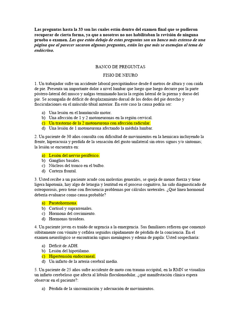 Banco de Preguntas Examen Final | PDF | Sinapsis | Tiroides