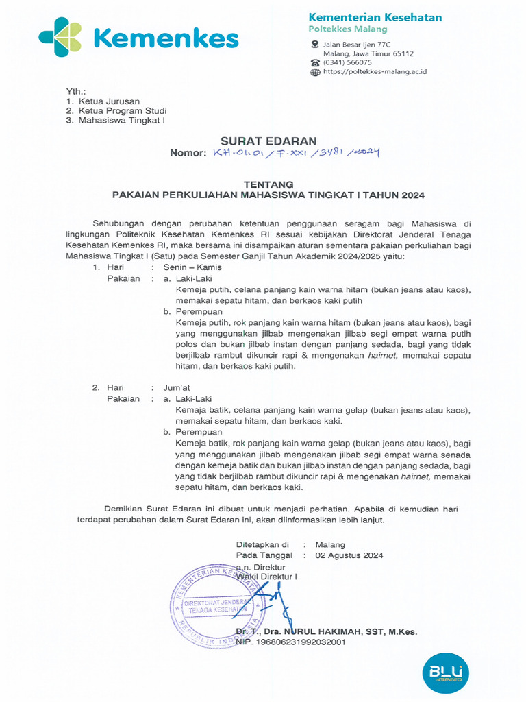 Surat Edaran No. 3481 Pakaian Perkuliahan Mhs. Tk. I Thn. 2024 | PDF