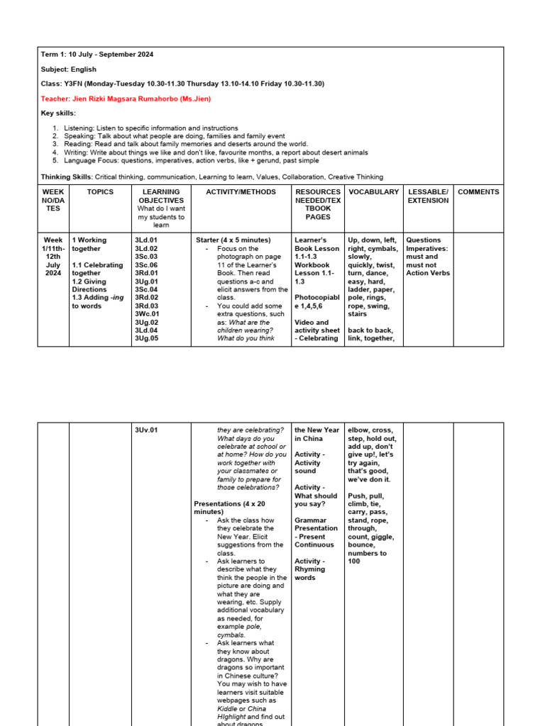 Y3 English Ms Jien (T1-LP) | PDF | Learning | Wedding