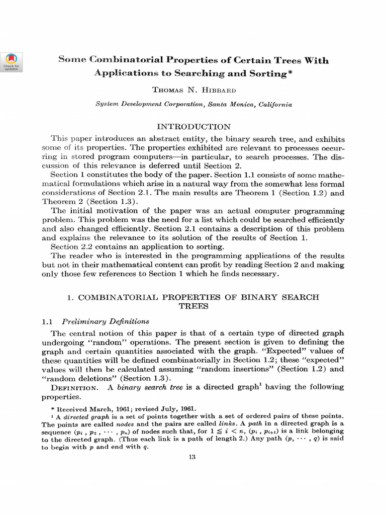 Some Combinatorial Properties of Certain Trees With Applications To Searching and Sorting | PDF ...