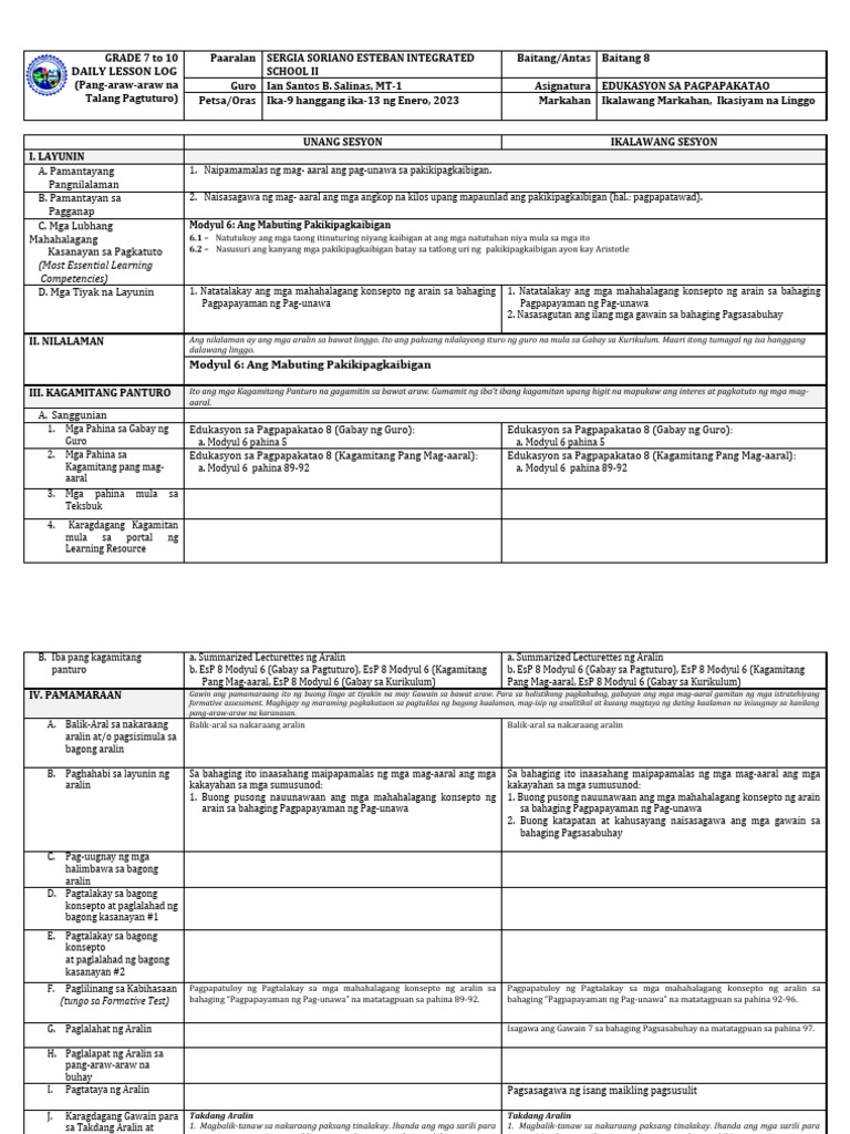 Daily Lesson Log: Modyul 6: Ang Mabuting Pakikipagkaibigan | PDF
