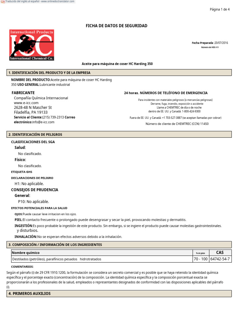 Ficha de Seguridad Aceite HC Harding 350 | PDF | Agua | Destilación
