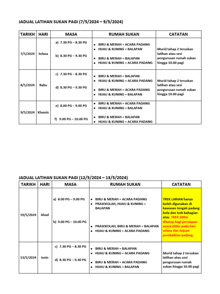 Jadual Latihan Sukan Pagi | PDF