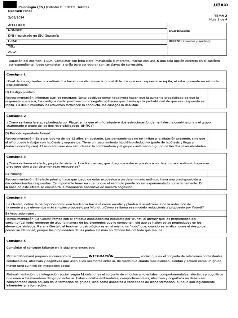 CII Julio 2024 - Clave de Correcciã N FINAL TEMA II | PDF | Cognición | Sicología