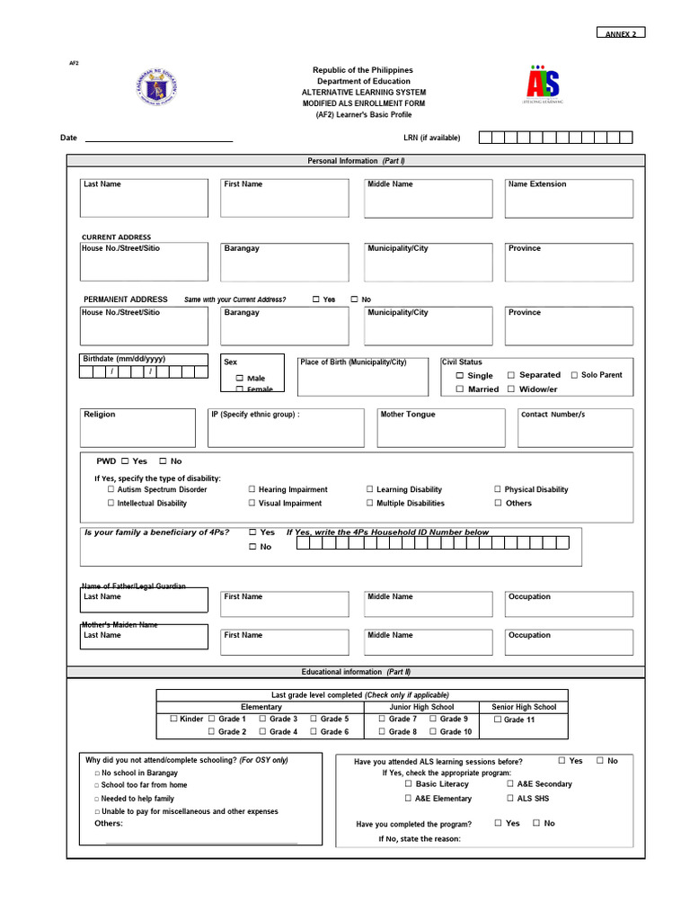 ALS Enrollment Form Philippines | PDF | Disability | Learning