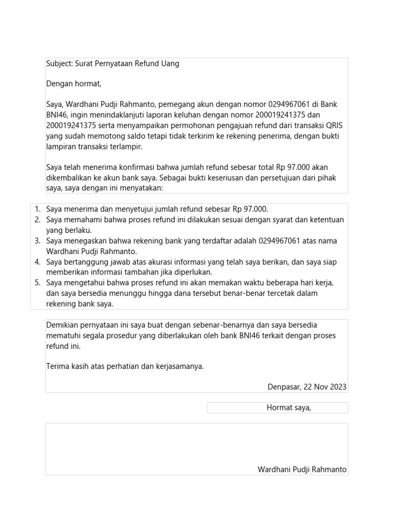 Surat Pernyataan Refund | PDF