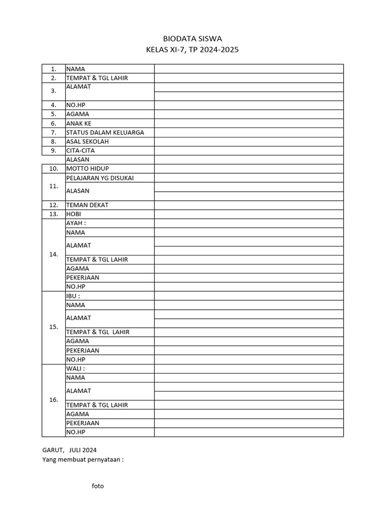 Biodata Siswa Buat Wali Kelas | PDF