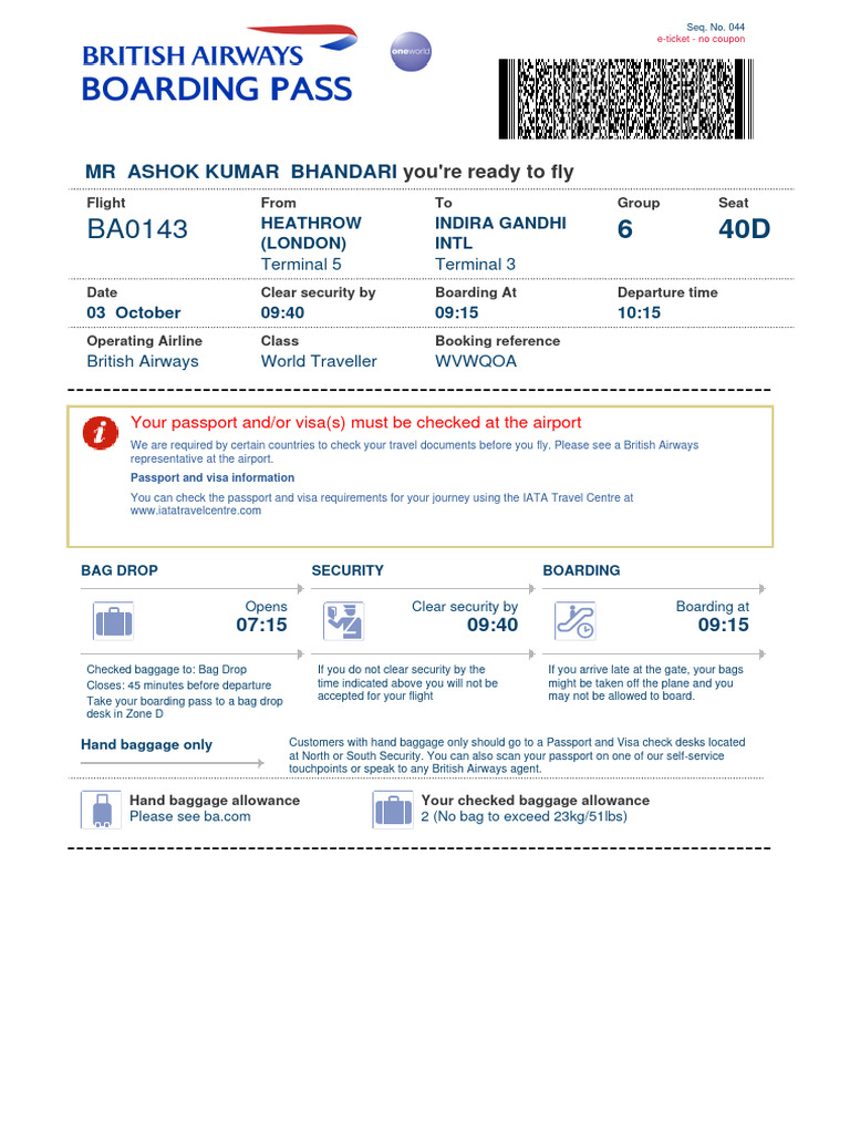 Boarding Pass BA0143 LHR DEL 044 | PDF | Airlines | Civil Aviation