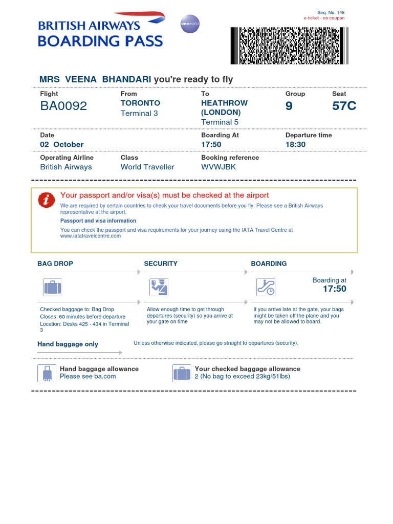 Boarding Pass BA0092 YYZ LHR 148 | PDF | Airlines | Civil Aviation