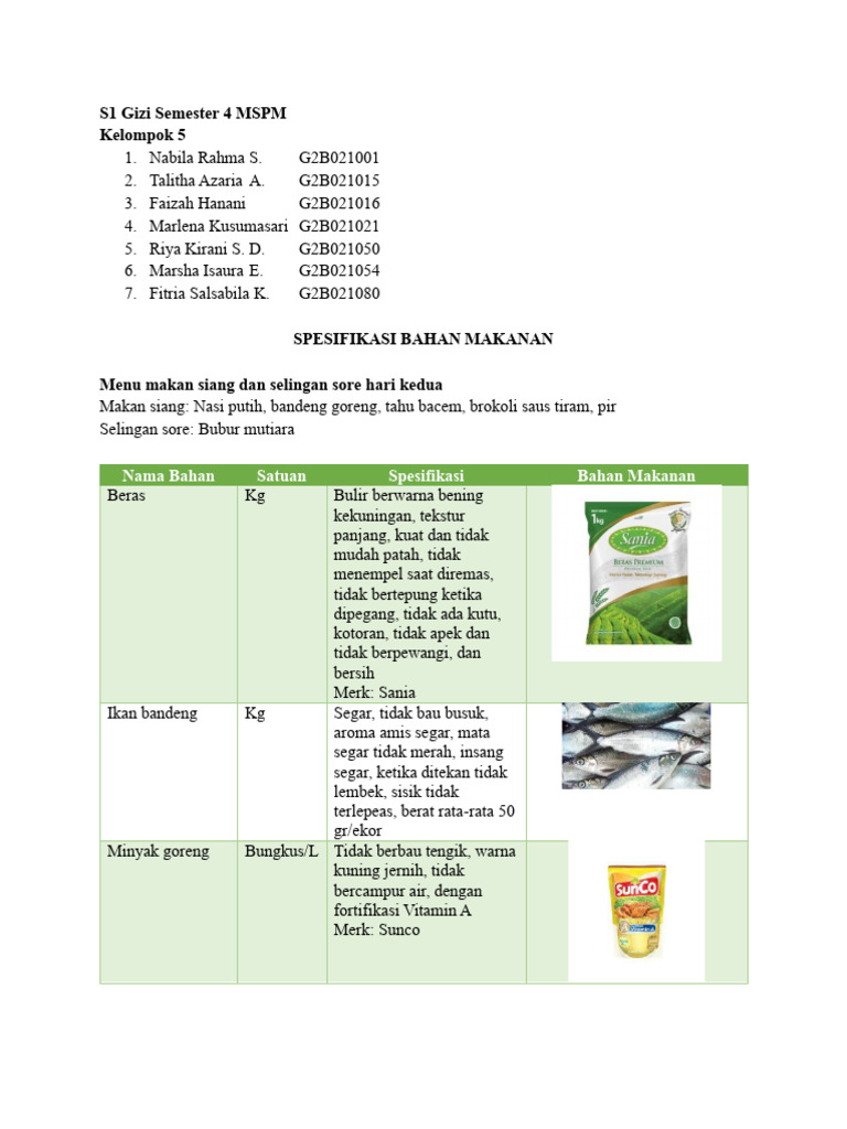 Kelompok 5 - Spesifikasi Bahan Makanan | PDF