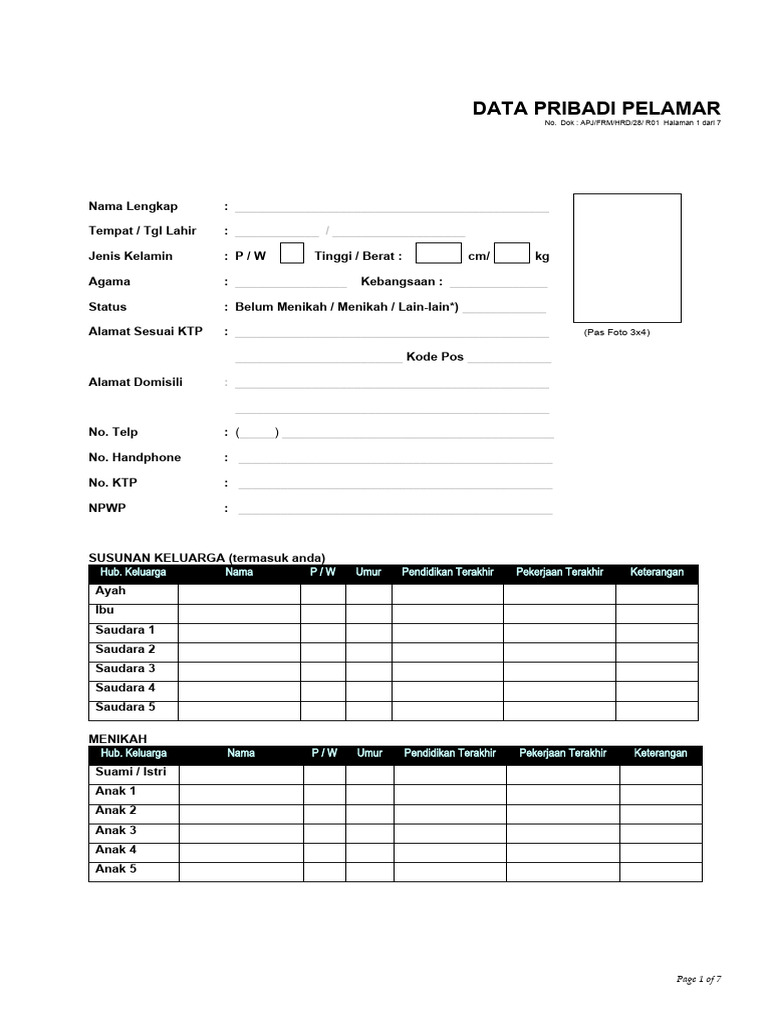 Form Data Pribadi Pelamar | PDF