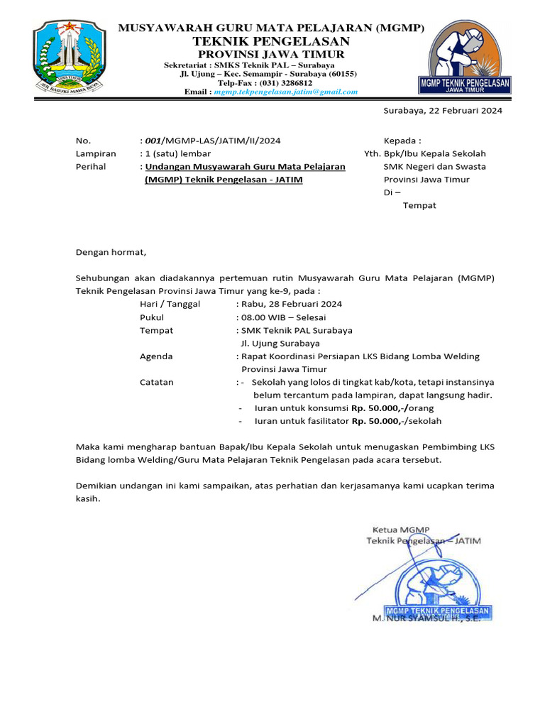 1 - Undangan MGMP - SMK Teknik PAL Surabaya | PDF