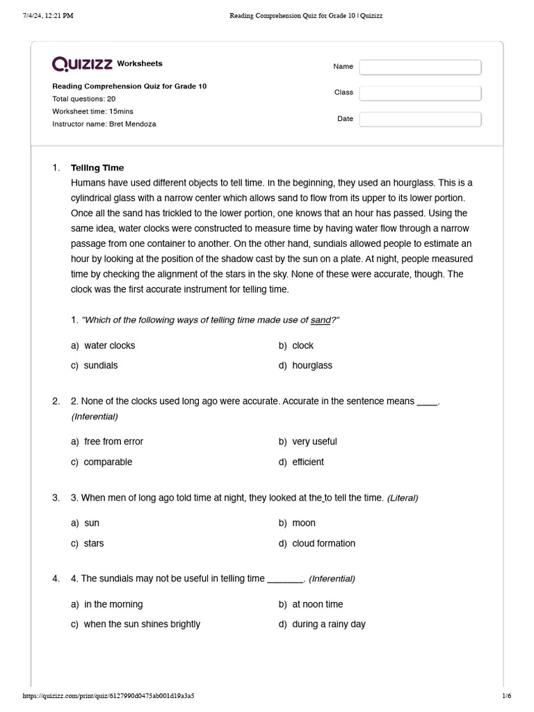 Grade 10 Reading Comprehension Quiz | PDF | Clock | Rhinology