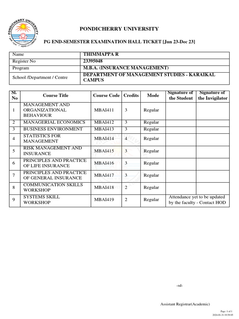 MBA Insurance Mgmt Exam Ticket | PDF