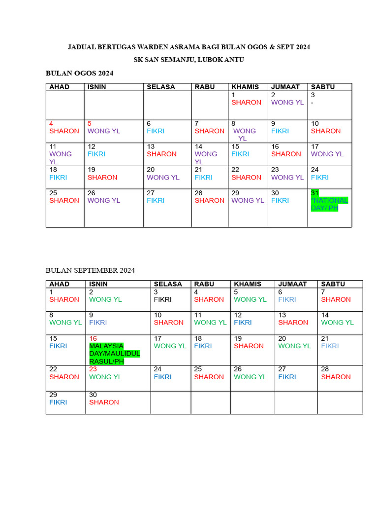 Jadual Bertugas Warden Bagi Bulan Ogos-Sept 2024 | PDF
