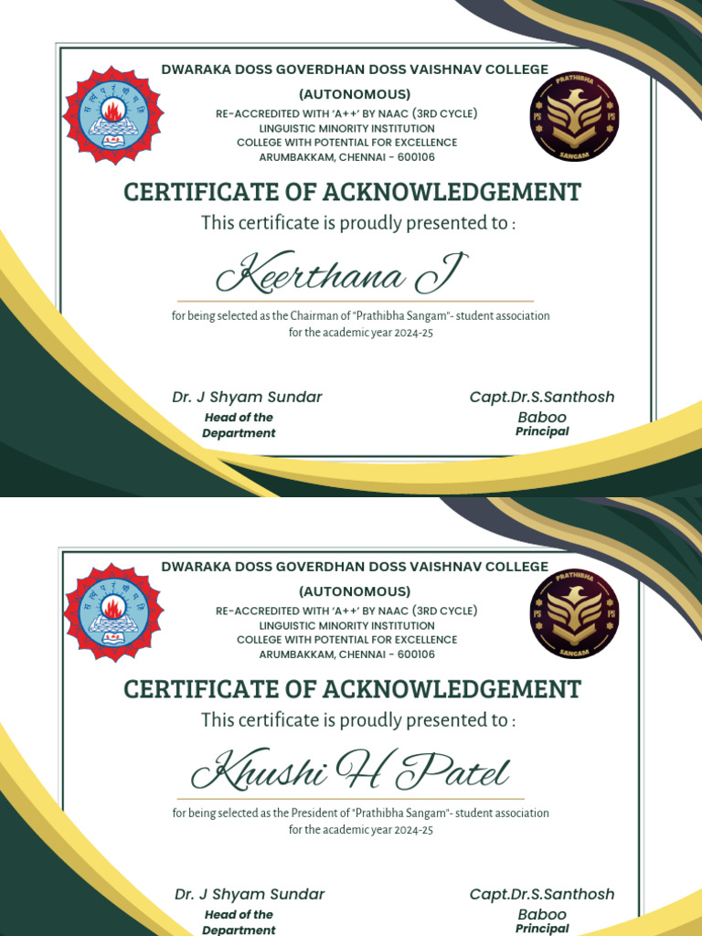 Certificate of Acknoledgement (Office Bearers and Cheif Guest) | PDF