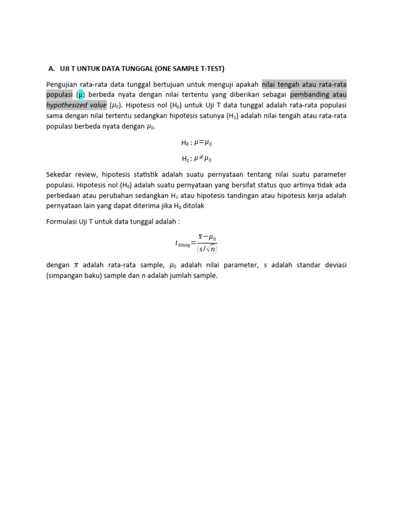 Unindra Statistika Uji T Untuk Data Tunggal Dan Data Berpasangan | PDF