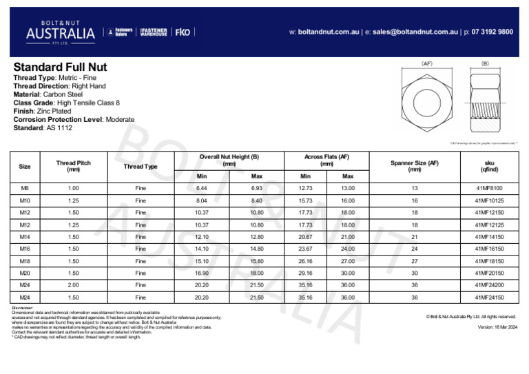 Specs - Hex Standard Nut Metric Fine Zinc Silver AS1112 | PDF | Screw ...