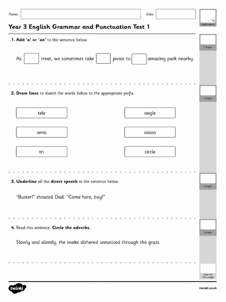 Year 3 English Grammar and Punctuation Test 1 | PDF