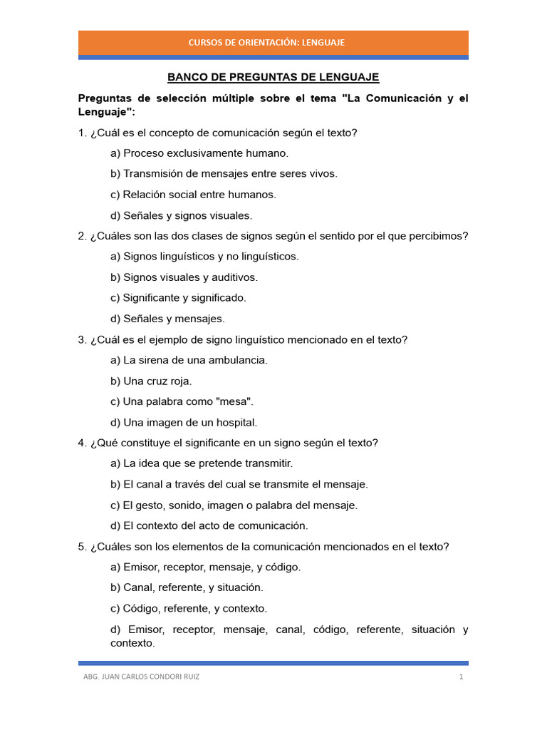 Banco de Preguntas de Lenguaje | PDF | Oración (Lingüística ...