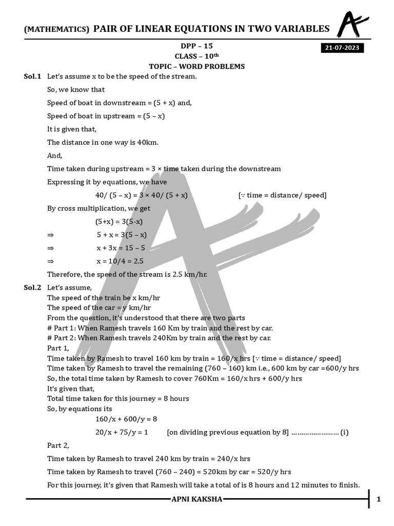 1689953573-Solution DPP - 15, 10TH, Maths, Pair of Linear Equations in Two Variables | PDF ...