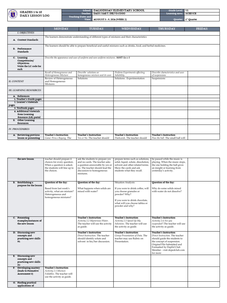 DLL - Science 6 - Q1 - W2 | PDF | Mixture | Behavior Modification