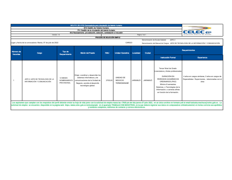 Proceso de Selecci N Simple CELEC EP TERMOMANABI 1657210028 | PDF | Reclutamiento | Ciencias de ...