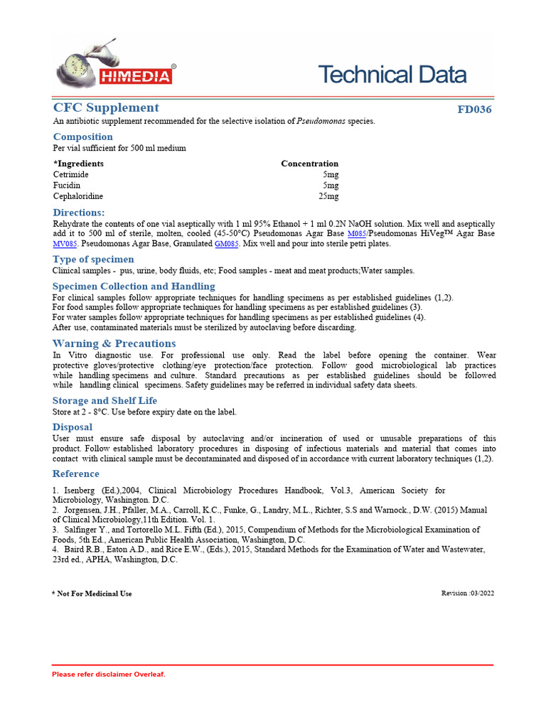 TDS_FD036_V2022 | PDF | Agar | Pseudomonas Aeruginosa