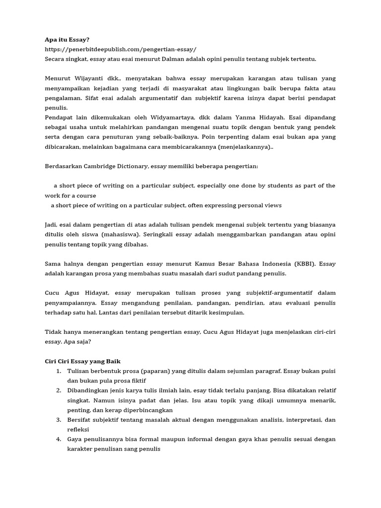 Pengertian dan Ciri-Ciri Essay | PDF | Karier & Perkembangan | Seni ...