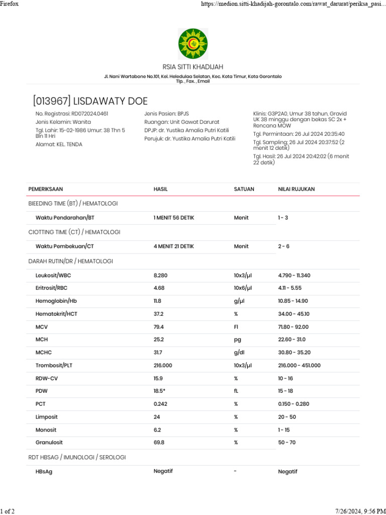 Hasil Lab Pasien Lisdawaty Doe | PDF