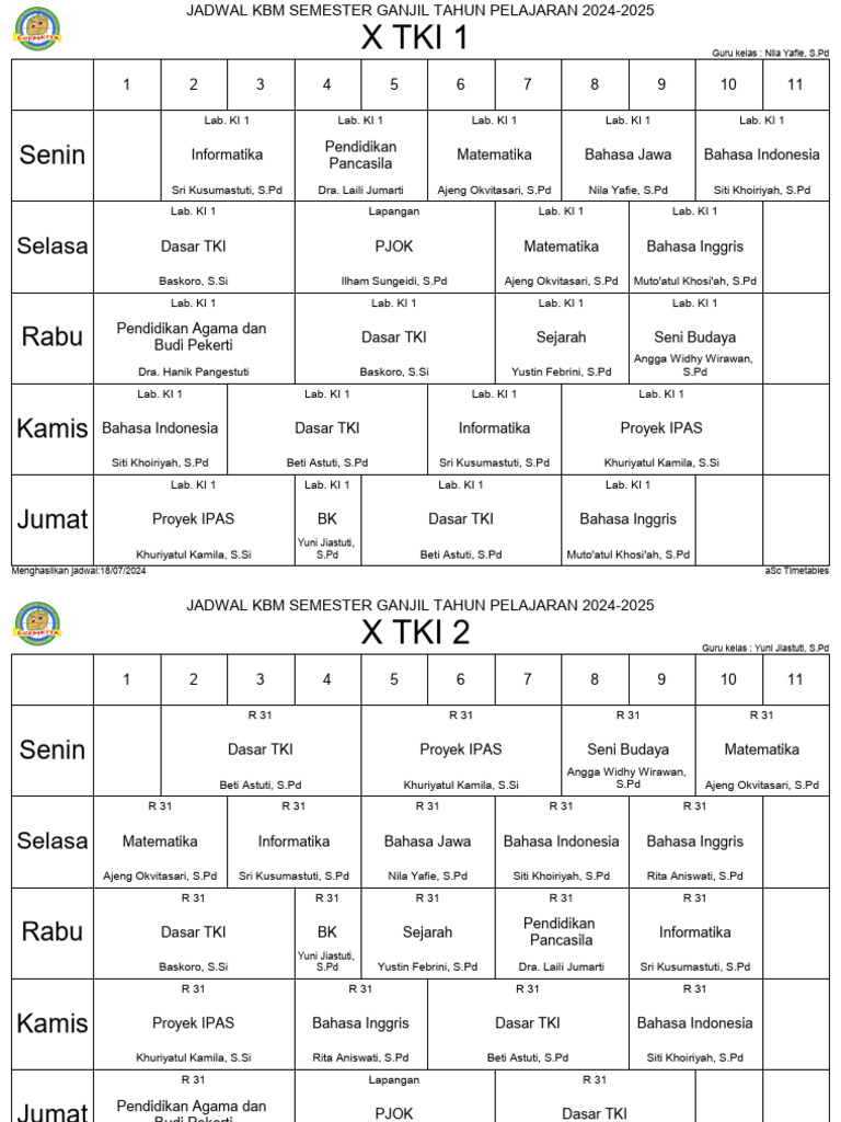 Jadwal Kelas KBM Semester Ganjil 2024-2025 Fix | PDF
