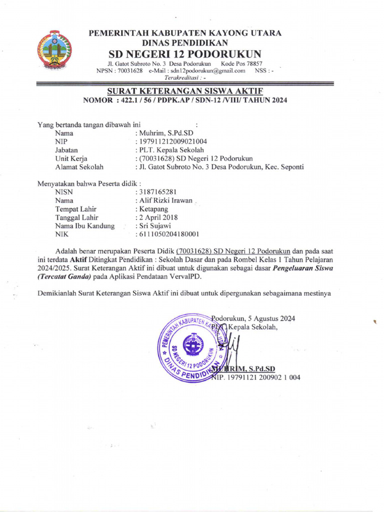 SURAT AKTIF SISWA Untuk RESIDU DAPODIK | PDF