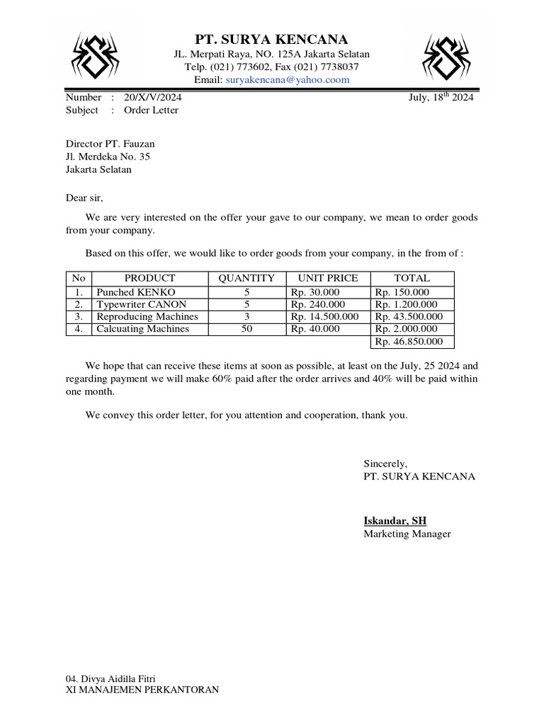 Order and Delivery Letter Example | PDF | Office Equipment | Office Work