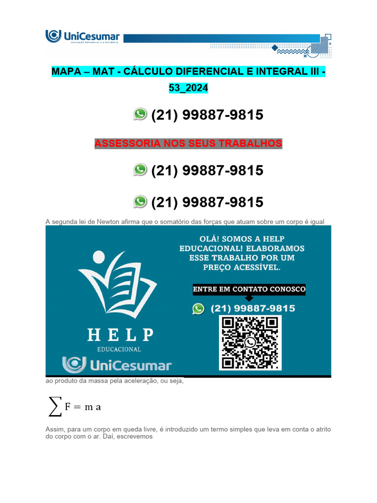 Mapa - Mat - Cálculo Diferencial e Integral Iii - 53 - 2024 | PDF | Massa | Páraquedas