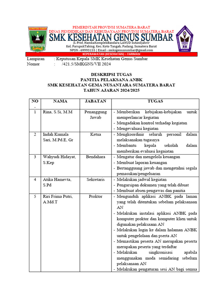 Uraian Tugas Panitia Anbk | PDF